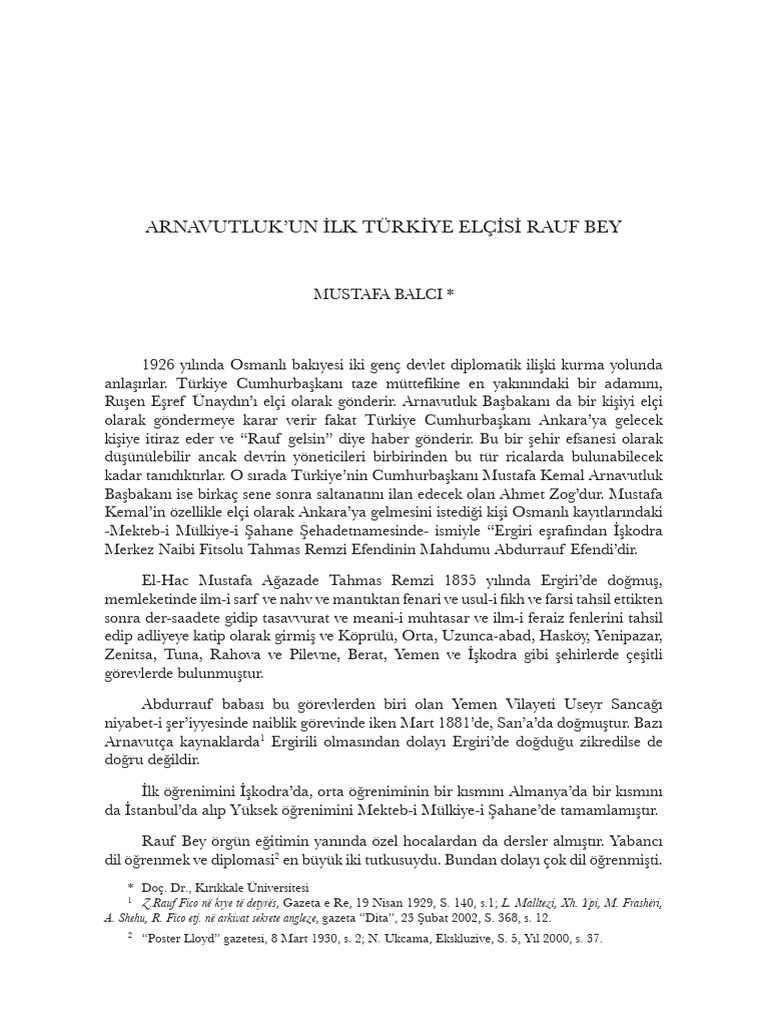 Arnavutluk'un İlk Türkiye Elçisi Rauf Bey | PDF