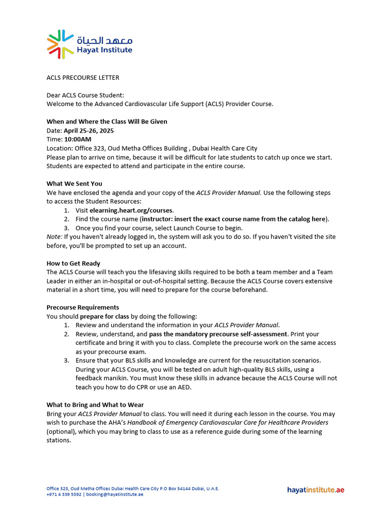 AHA ACLS PRE-COURSE LETTER - April 25-26, 2025 | PDF | Health Care