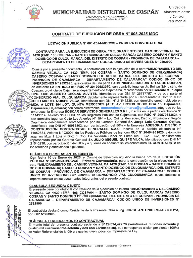 Contrato de Ejecucion de Obra Cospan-Santo Domingo N°008-2025-Mdc | PDF