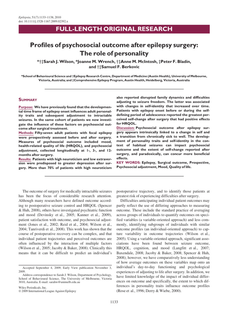Wilson Et Al. 2010 - Profiles of Psychosocial Outcome After Epilepsy ...