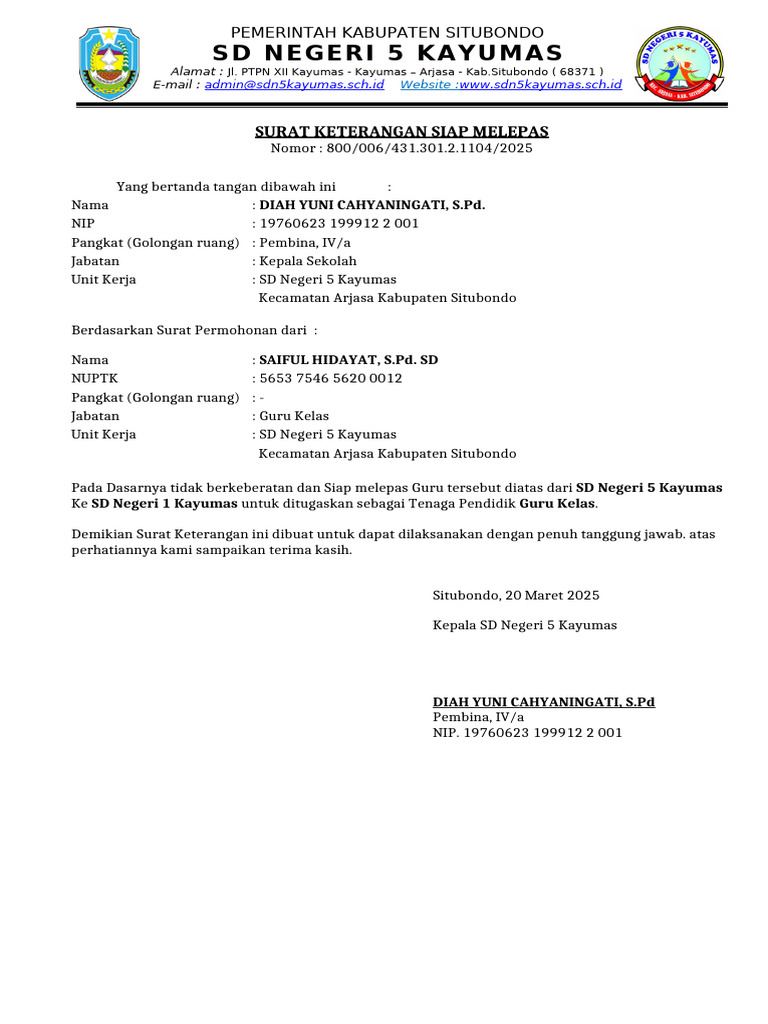 Surat Siap Melepas Guru | PDF