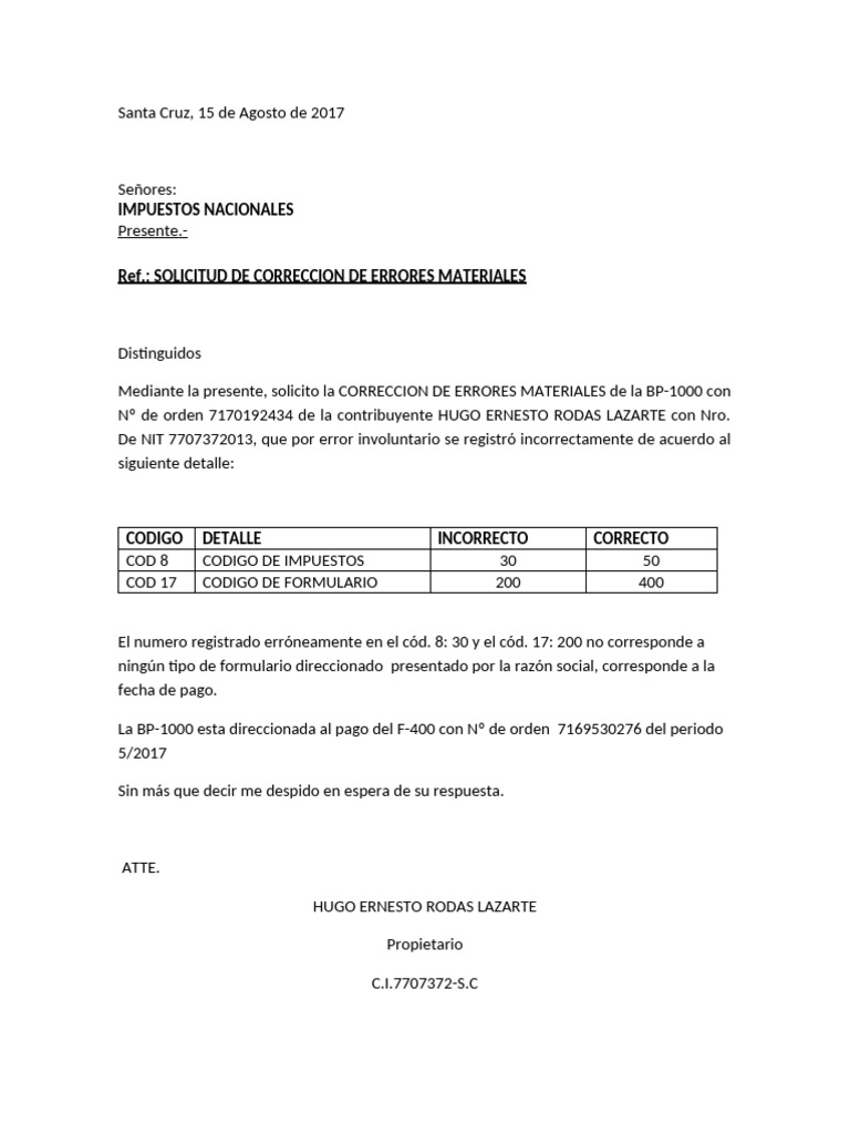 Carta Solicitud de Correccion de Errores Materiales Form 400 | PDF