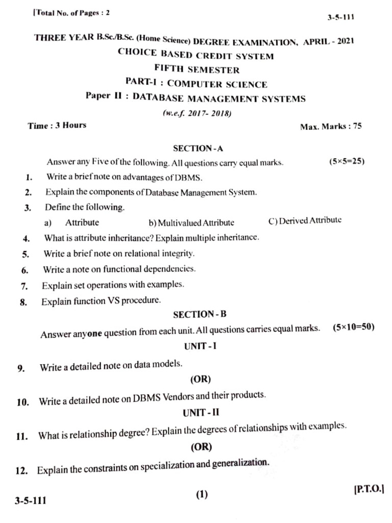 Sem-III (Dbms Question Paper) | PDF | Databases | Data Model