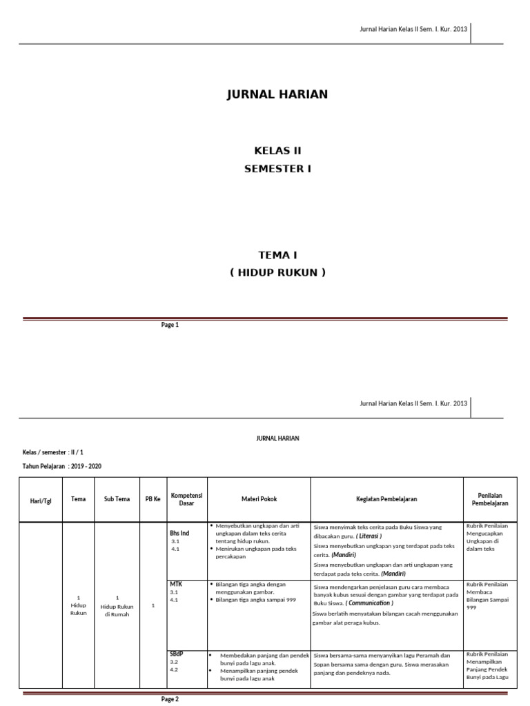 Jurnal Harian Kelas II Sem | PDF