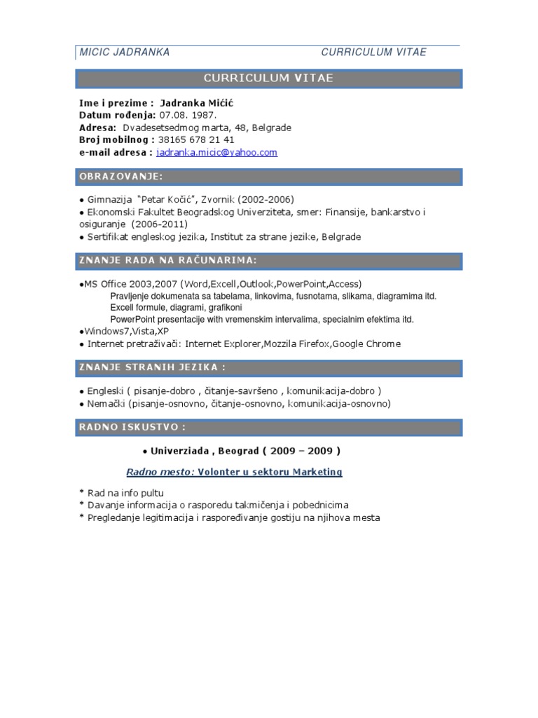 Jadranka Mićić, CV Na Srpskom | PDF