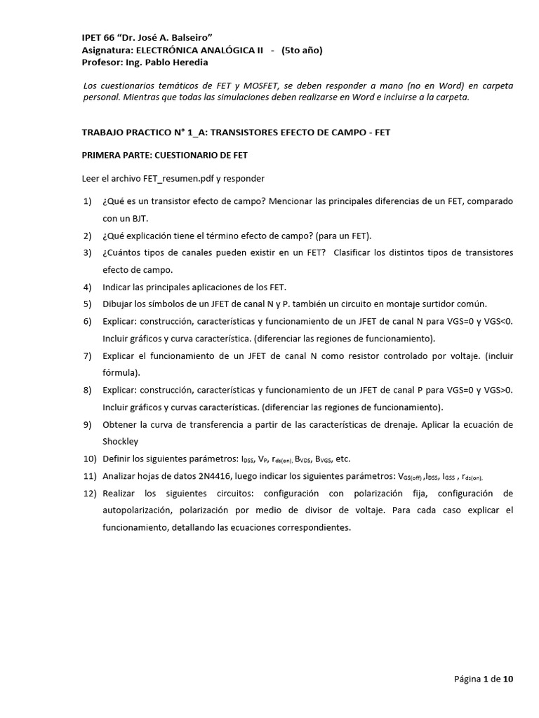 1 TP Fet | PDF | Transistor de efecto de campo | Transistor