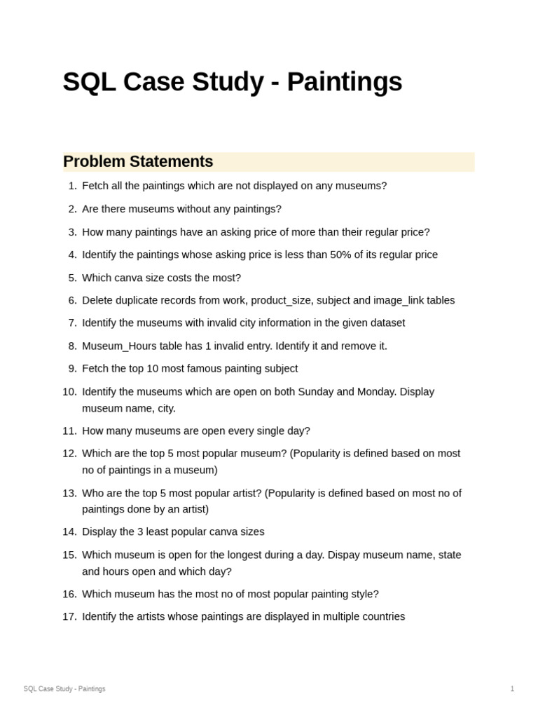 SQL Paintings Casestudy - Questions | PDF | Paintings | Museum