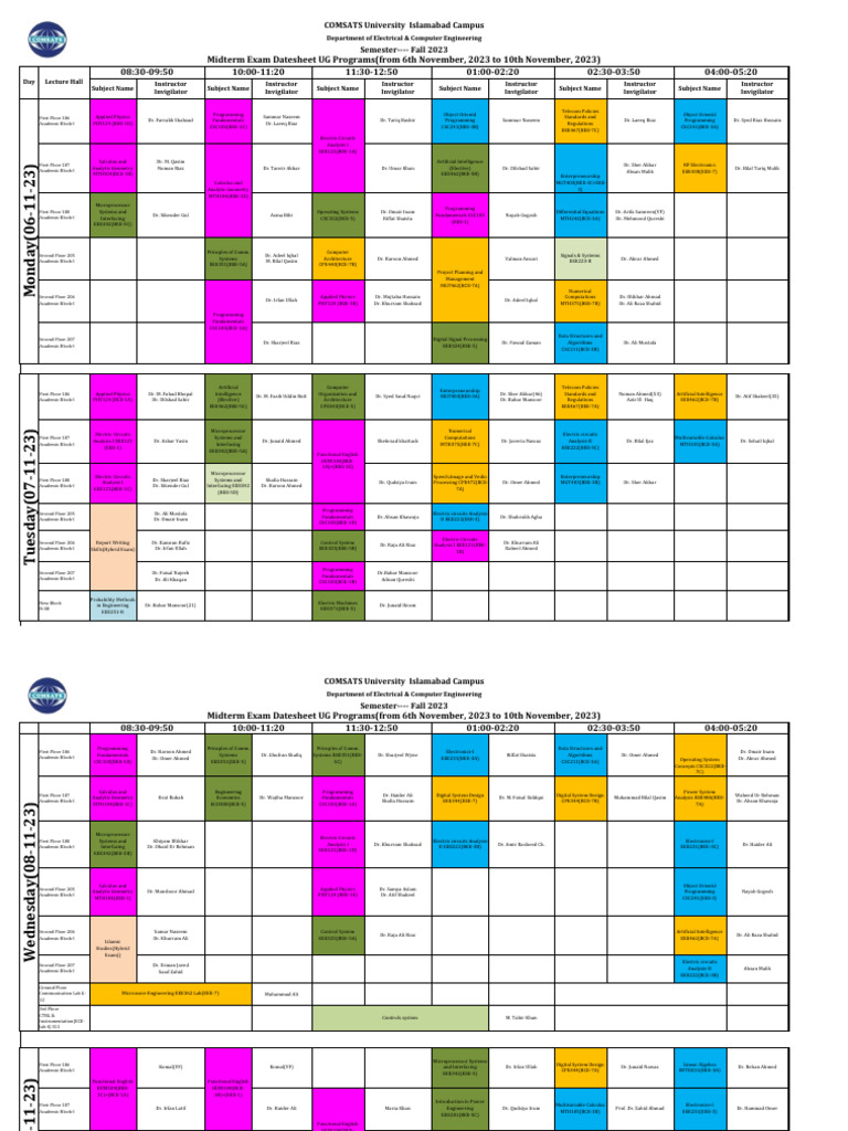 Midterm exams Date sheet-Fall23(ECE) | PDF