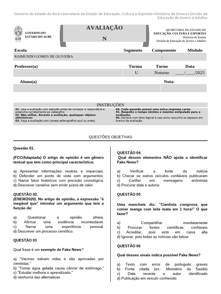 Prova Portugues Eja 3 | PDF | Estado