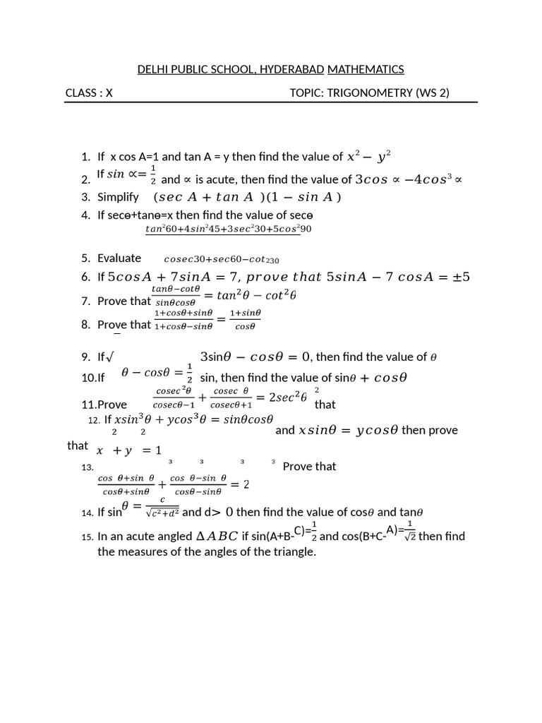 Class 10 Trigonometry Test Paper | PDF