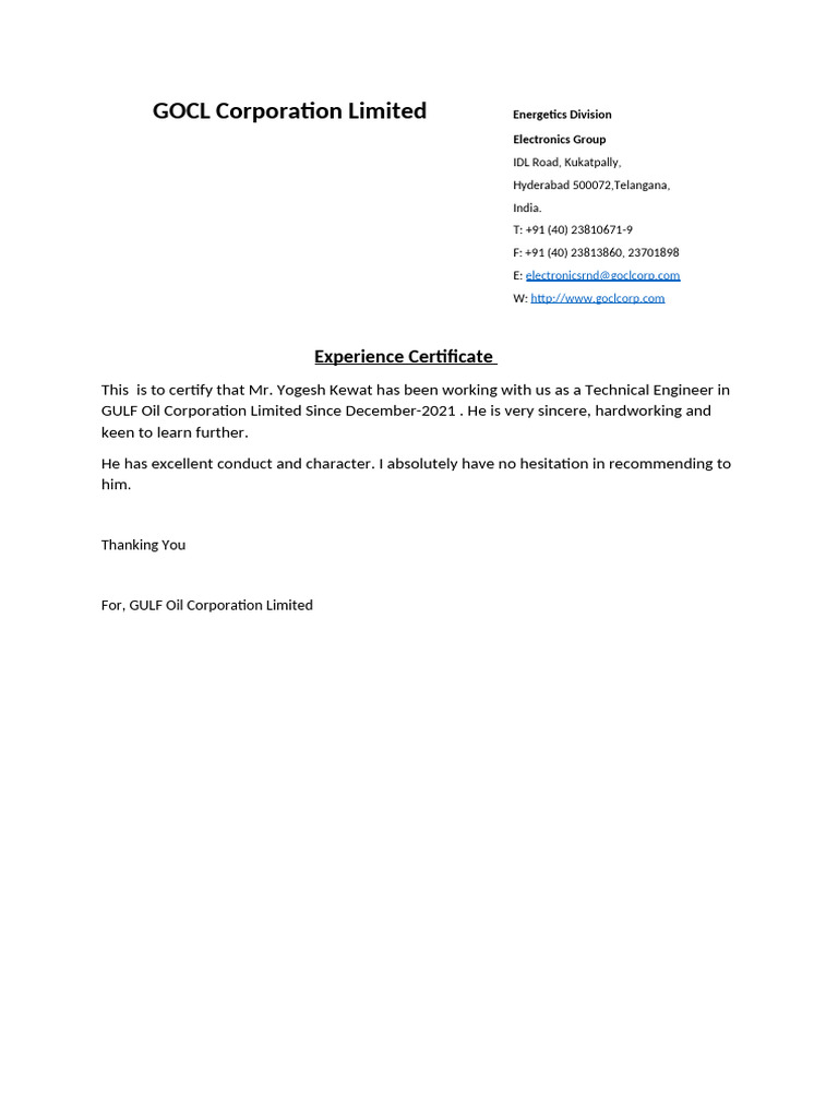 Experience Certificate for Technical Engineer | PDF