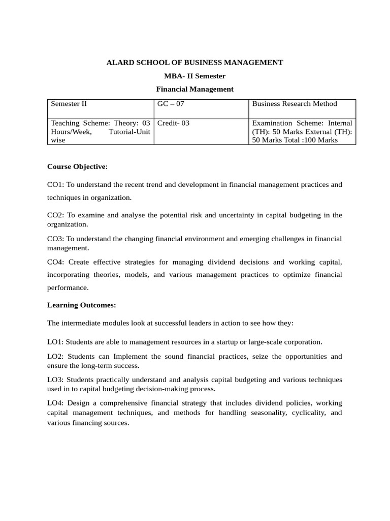 Financial Management MBA Course Overview | PDF | Capital Budgeting ...