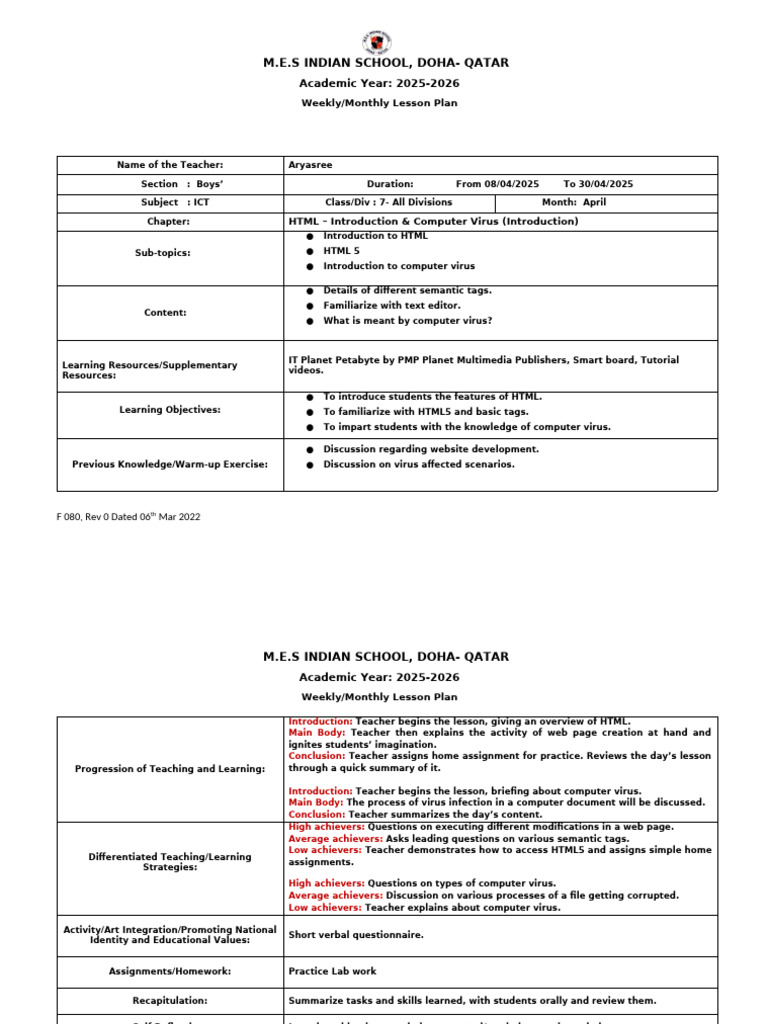 Class 7 Ict Lesson Plan | PDF | Html | Lesson Plan