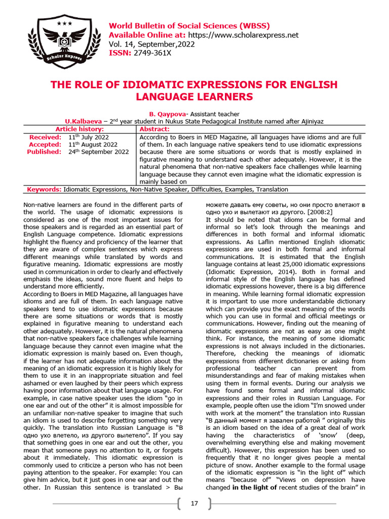 The Role of Idiomatic Expressions For English Language Learners | PDF ...