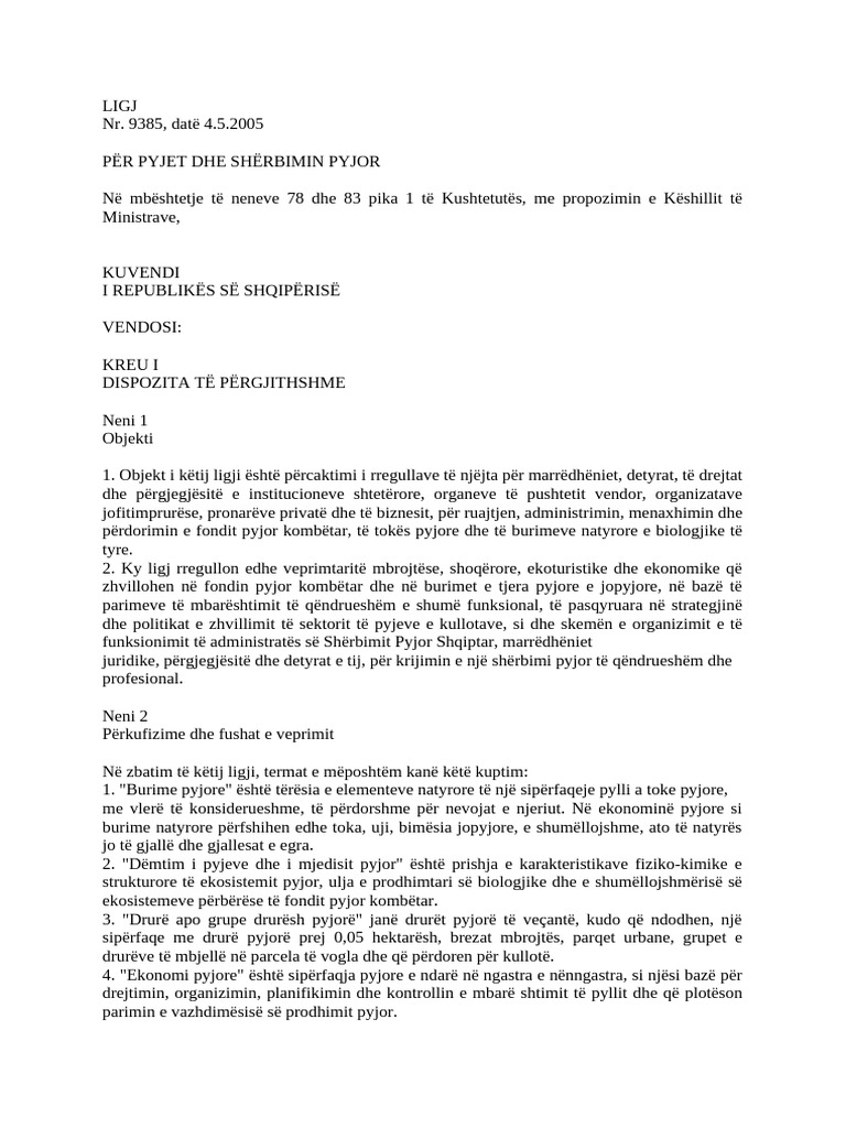 Ligji-Nr.-9385-datë-4.5.2005-Per-pyjet-dhe-sherbimin-pyjor | PDF