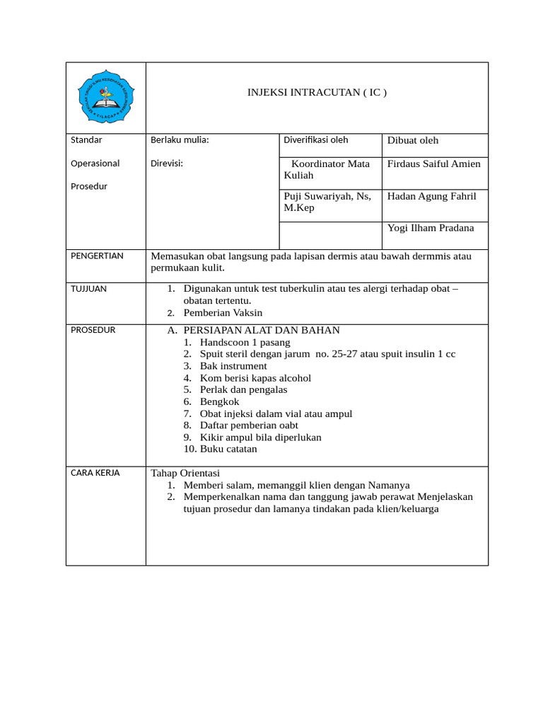 Sop Injeksi Intracutan | PDF