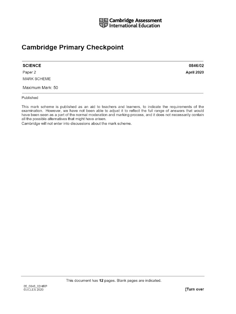 Cambridge Primary Checkpoint - Science (0846) April 2020 Paper 2 Mark ...