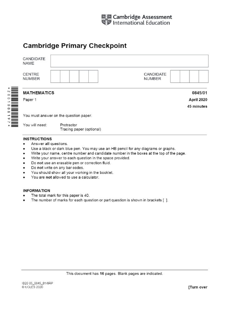 Cambridge Primary Checkpoint - Mathematics (0845) April 2020 Paper 1 ...