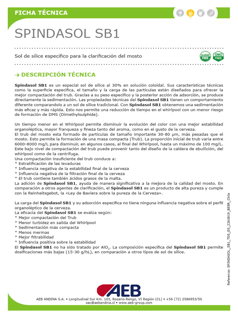 SPINDASOL SB1 TDS ES 2260819 BEER Chile | PDF | Cerveza
