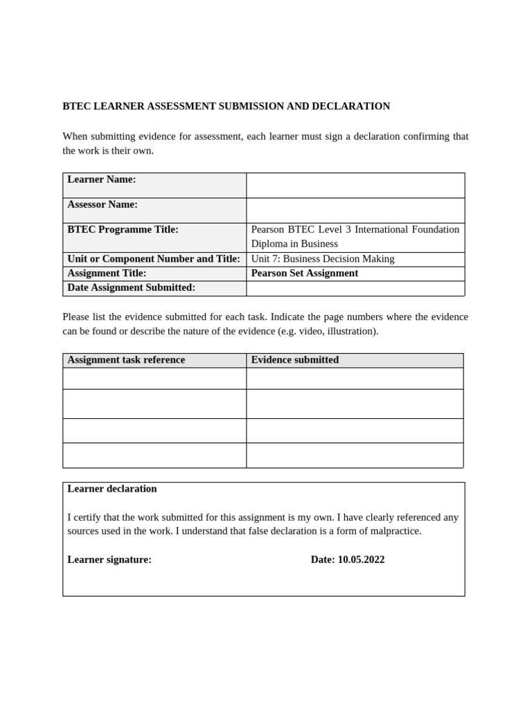 BTEC Learner Assessment Submission and Declaration | PDF