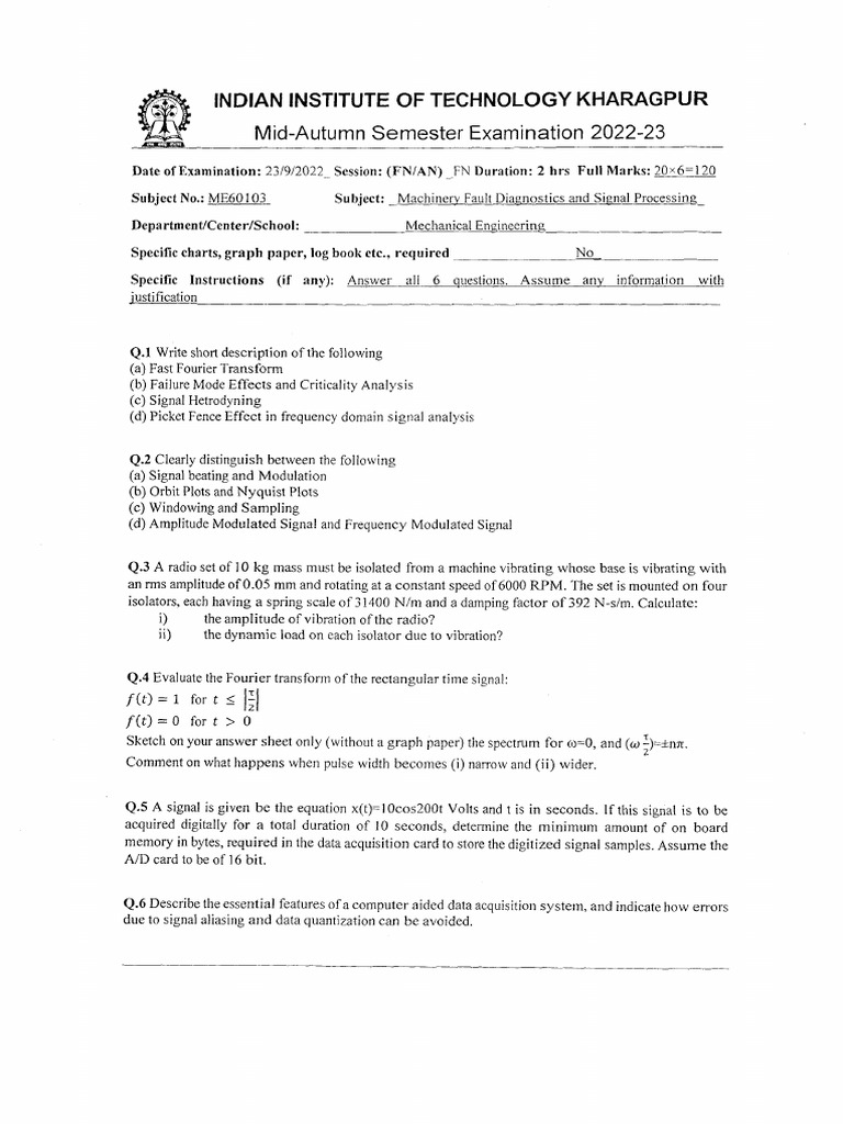 ME60103 Machinery Fault Diagnostic and Signal Proces MA 2022 | PDF