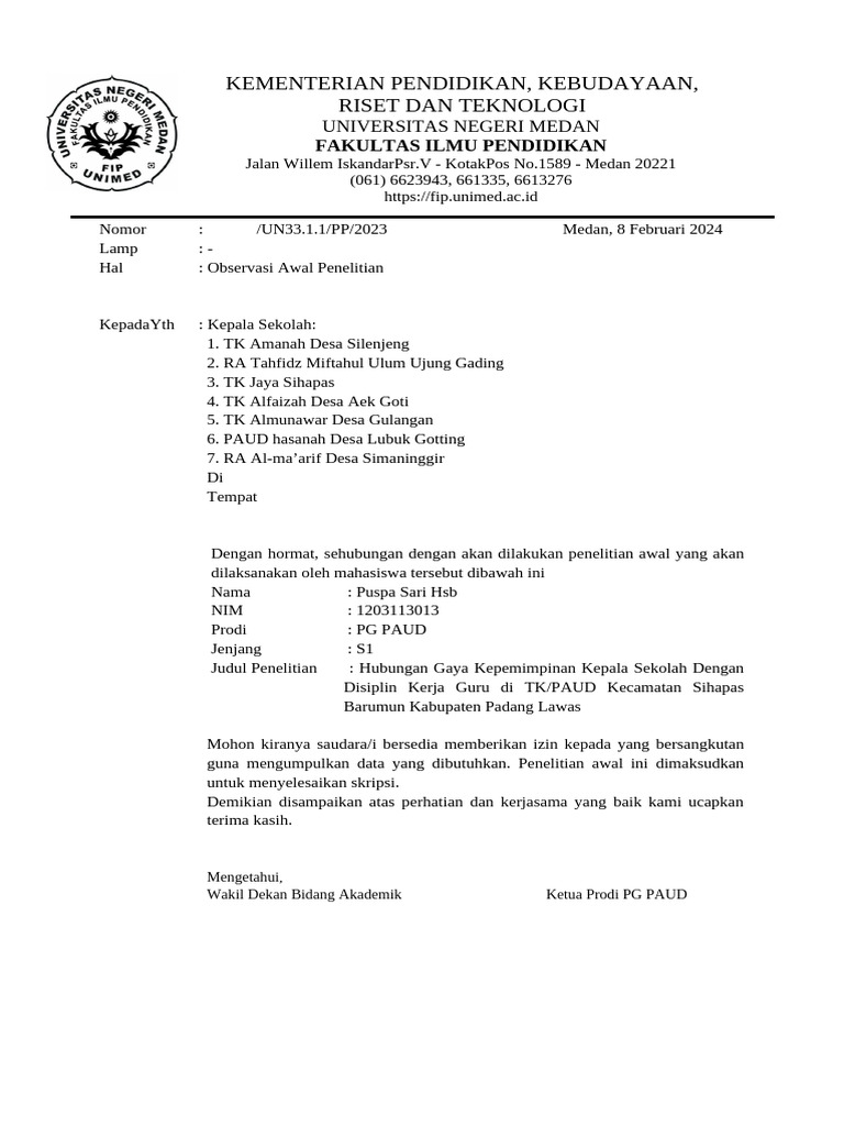 Surat Observasi Awal Puspa | PDF