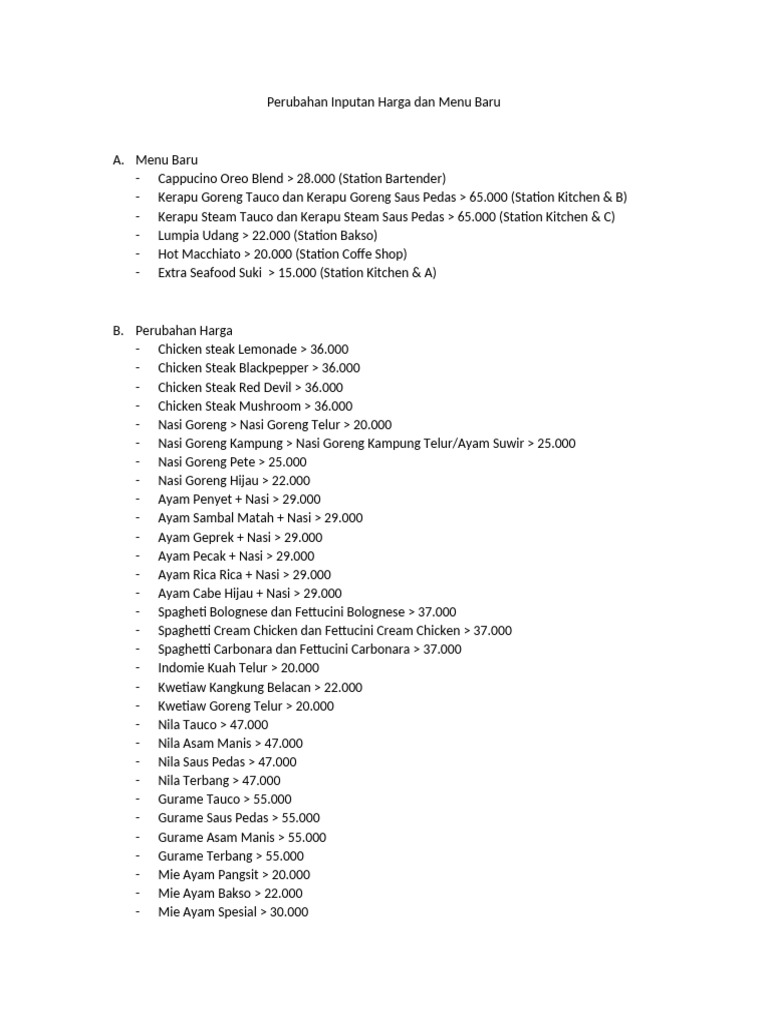 Perubahan Inputan Harga Dan Menu Baru | PDF | Drink | Asian Cuisine