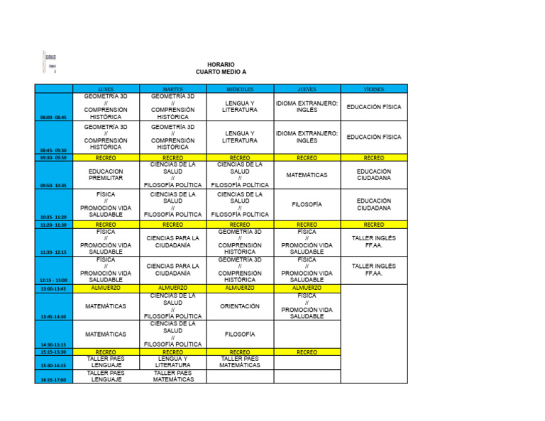 Horario Cuarto Medio A 2023 | PDF