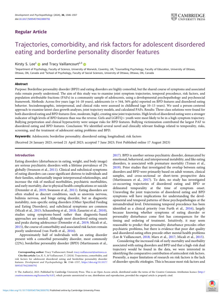 Adolescent Disordered Eating & BPD Risks | PDF | Borderline Personality ...