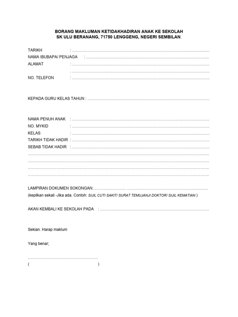 Borang Makluman Ketidakhadiran Anak Ke Sekolah | PDF