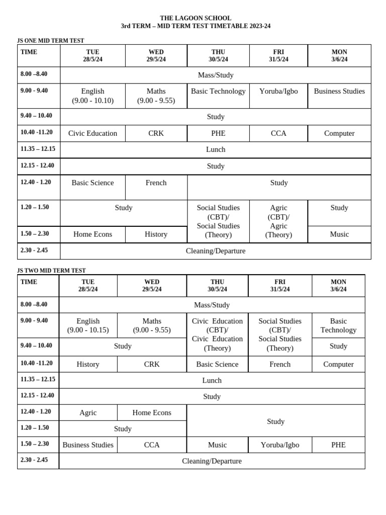 Lagoon School 3rd Term Test Timetable | PDF | Science