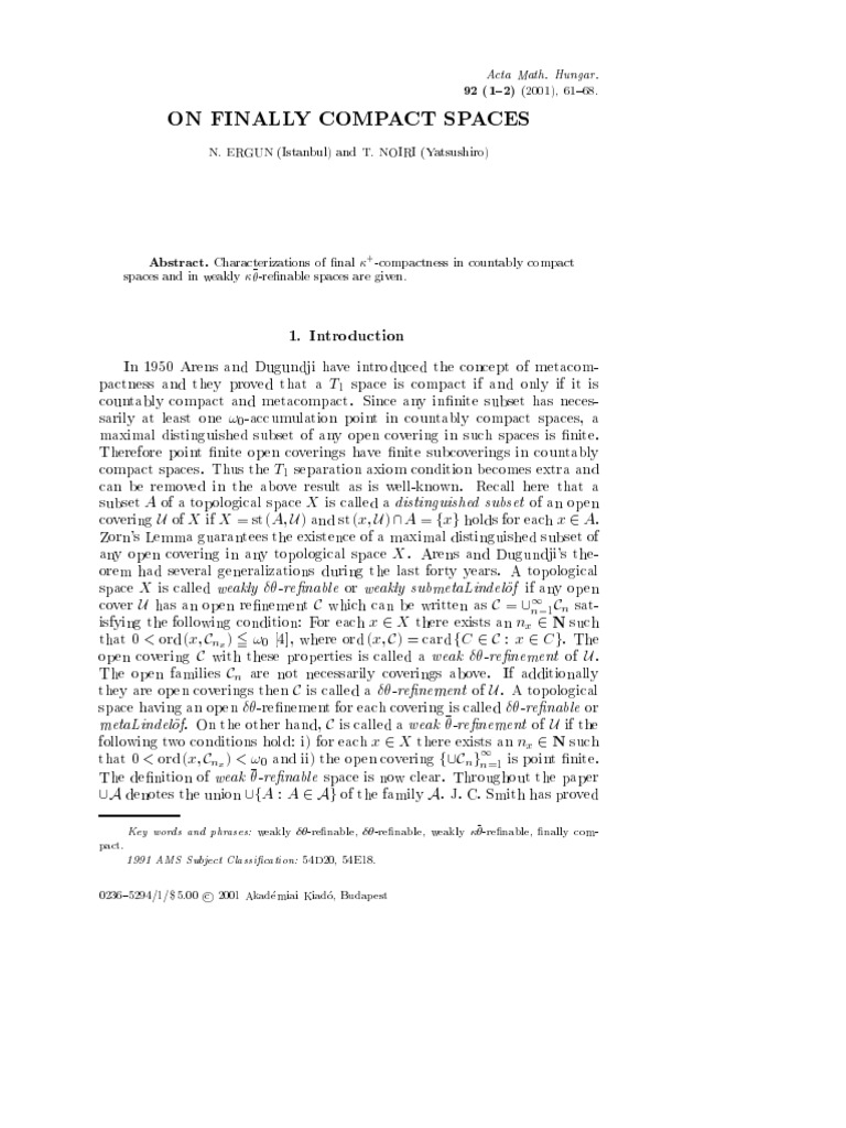 On Finally Compact Spaces | PDF | Compact Space | Mathematical Concepts