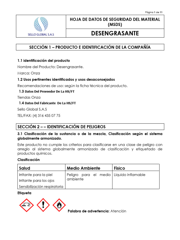 Hoja de Datos de Seguridad Del Material - Desengrasante - 1 | PDF | Agua | Corrosión