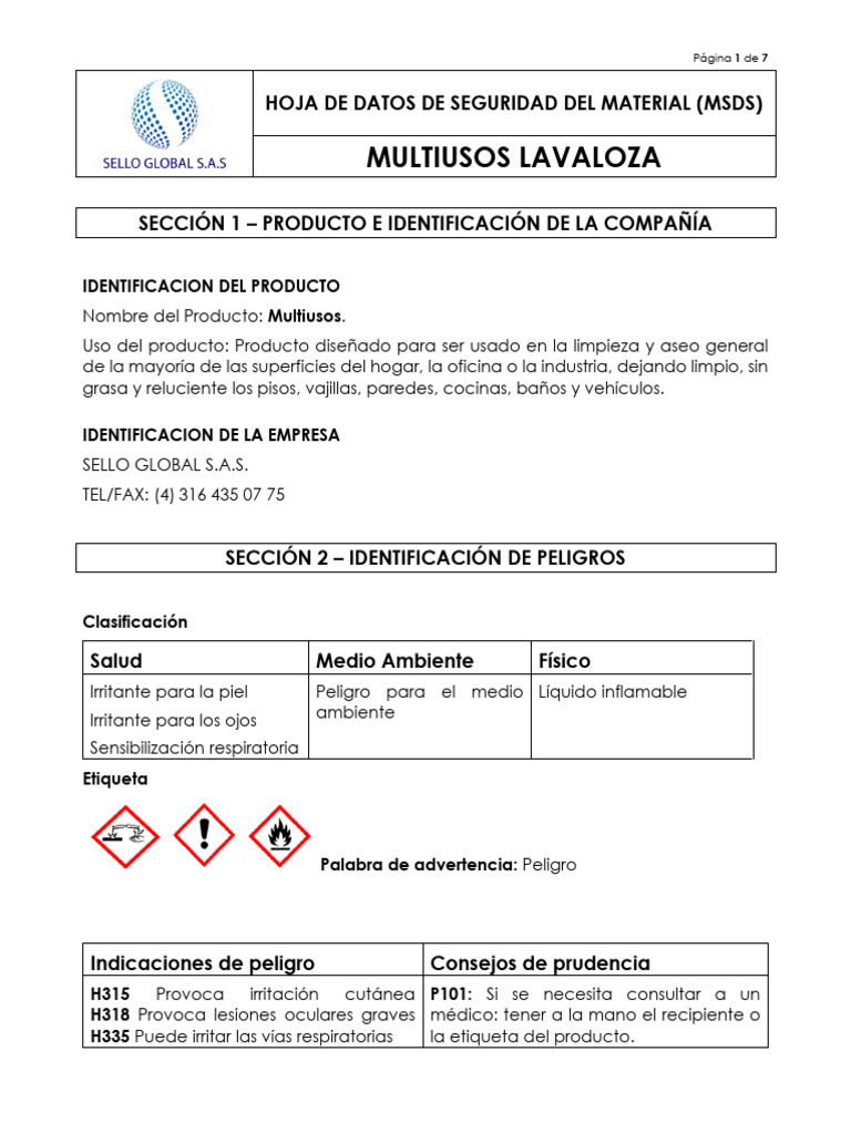 Hoja de Datos de Seguridad Del Material - Multiusos | PDF | Agua | Solubilidad