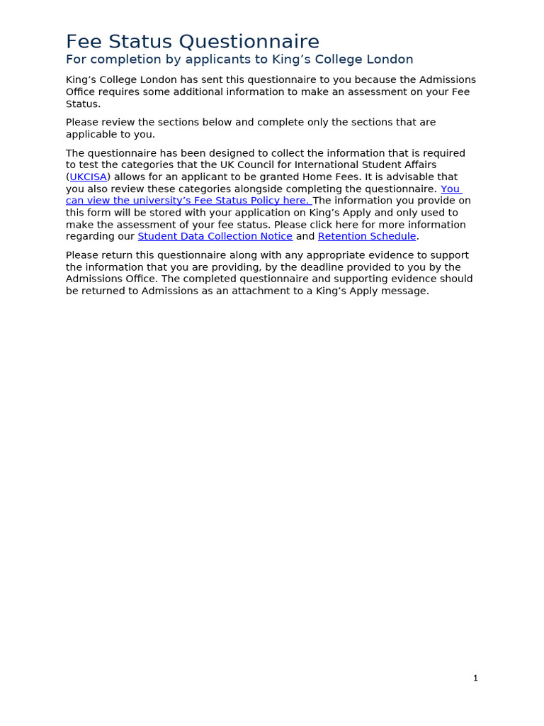 King's College London Fee Status Questionnaire | PDF | Nationality | International Relations