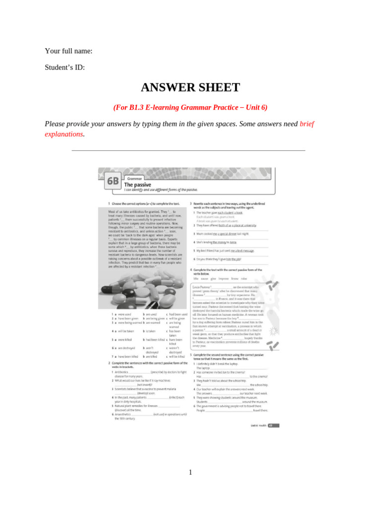 E-Learning Grammar Practice Unit 6 (Answer Sheet) | PDF | Clinical Medicine | Human Diseases And ...