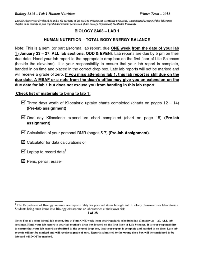Biology 2a03 - Lab 1 Outline 2012 | PDF | Calorie | Nutrition Facts Label