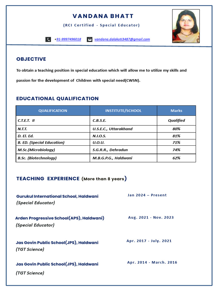 CV Special Educator - Vandana Bhatt | PDF | Psychology | Liberal Arts Education