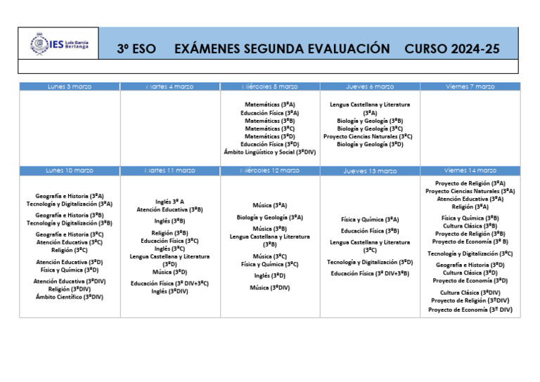 3º ESO y 1º PDC - Calendario de Exámenes - 2 Evaluación - 2024-25 | PDF | Física | Science