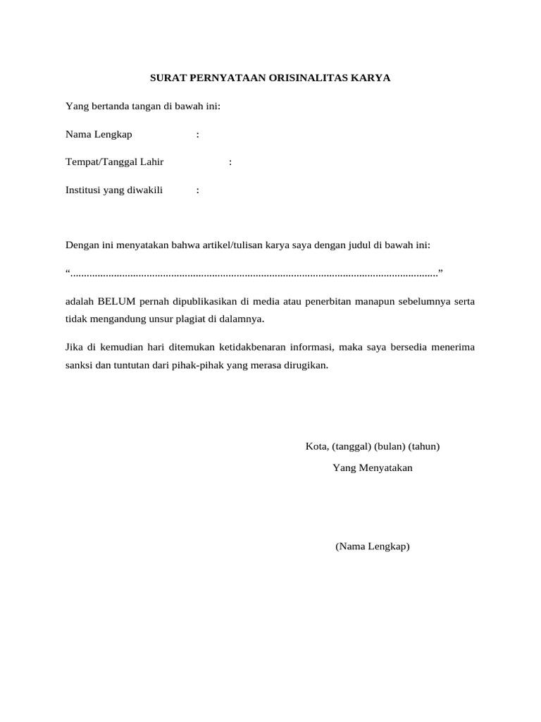 SURAT PERNYATAAN ORISINALITAS KARYA | PDF