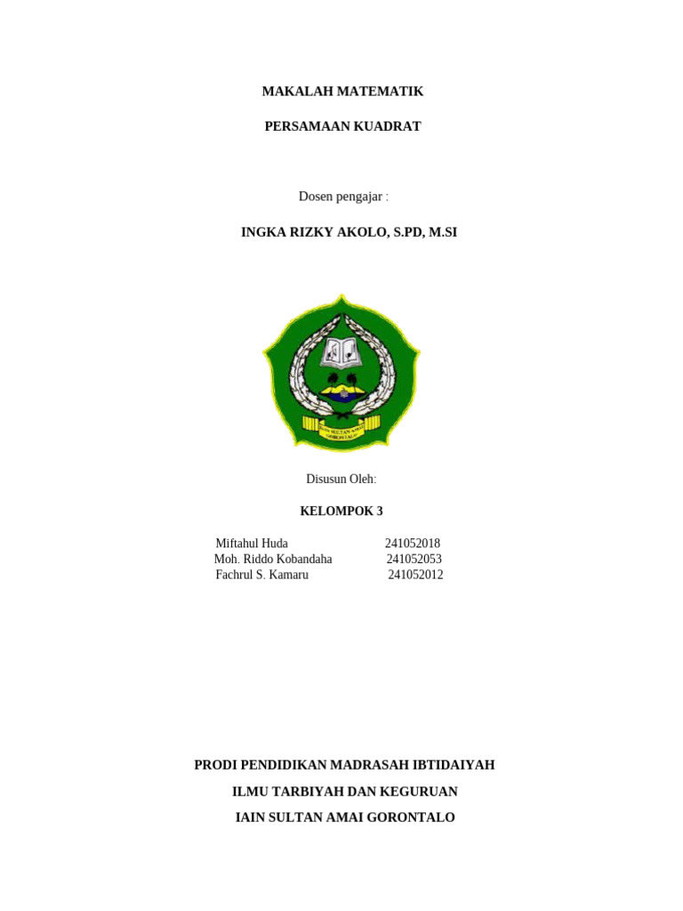 makalah kelompok 3 PERSAMAAN KUADRAT | PDF