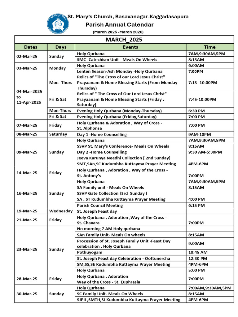 St. Mary’s Church Annual Calendar 2025-26 | PDF | Eucharist | Easter