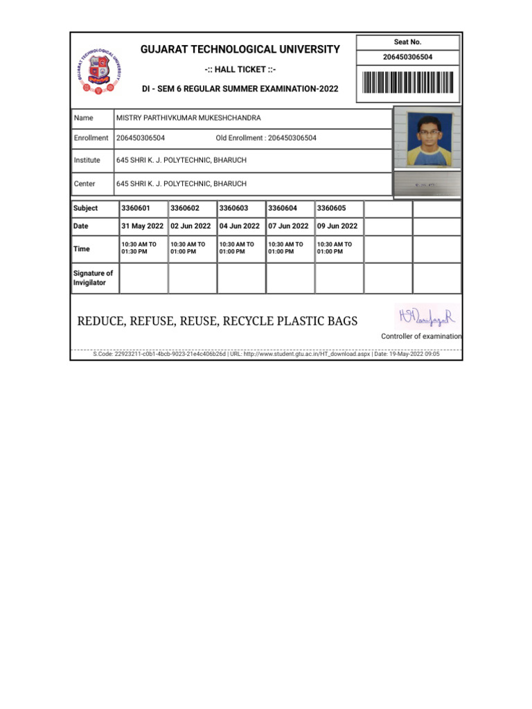 6th Sem Exam Hall Ticket | PDF