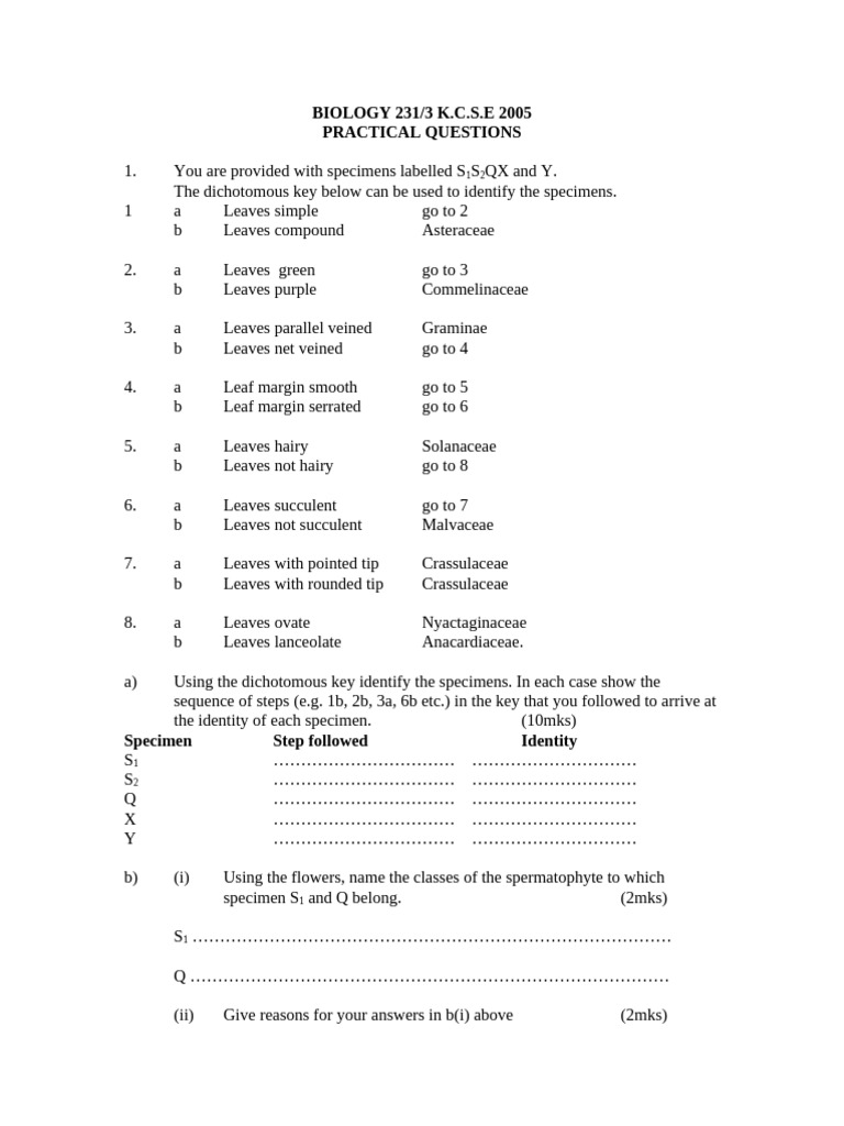 2005 Biology Practical Paper | PDF | Leaf | Tooth