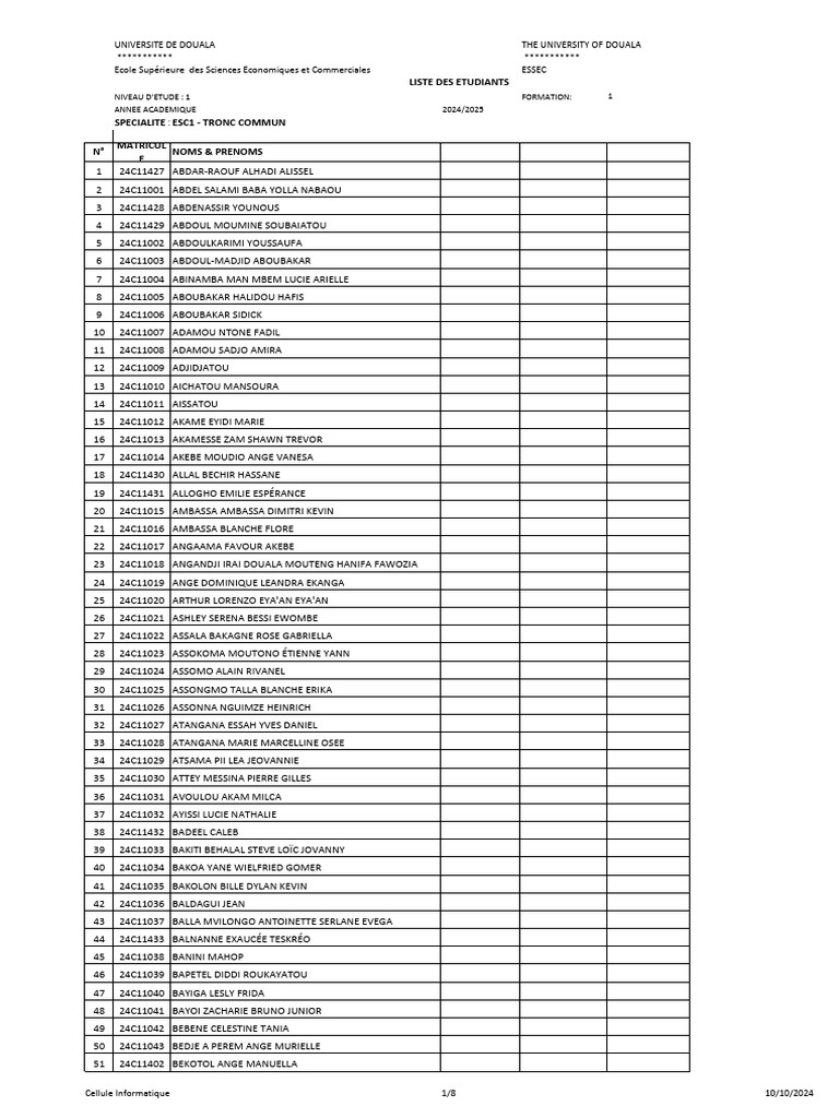 Liste de Classe Esc1 2024-2025 | PDF