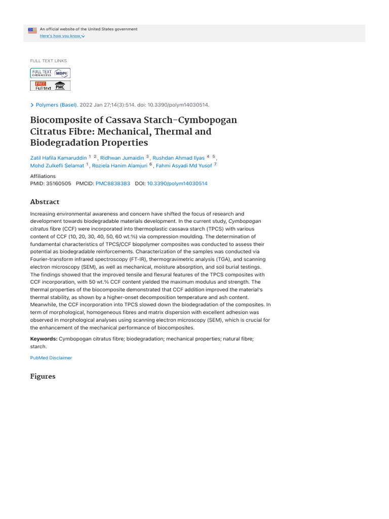 Biocomposite of Cassava Starch-Cymbopogan Citratus Fibre- Mechanical, Thermal and Biodegradation ...