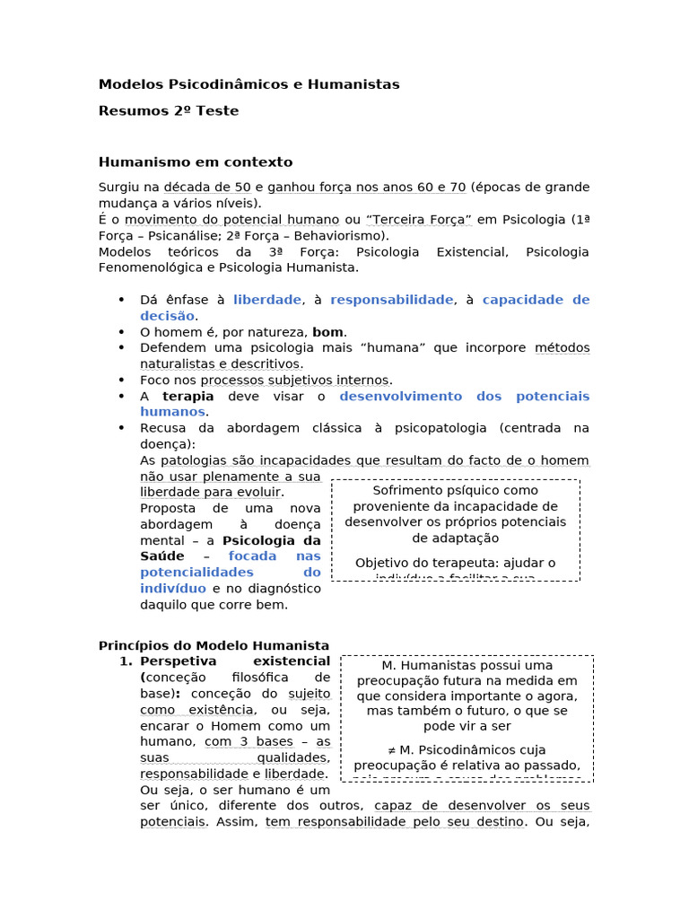 Modelos Psicodinâmicos e Humanistas Resumos | PDF | Psicologia | Psicoterapia