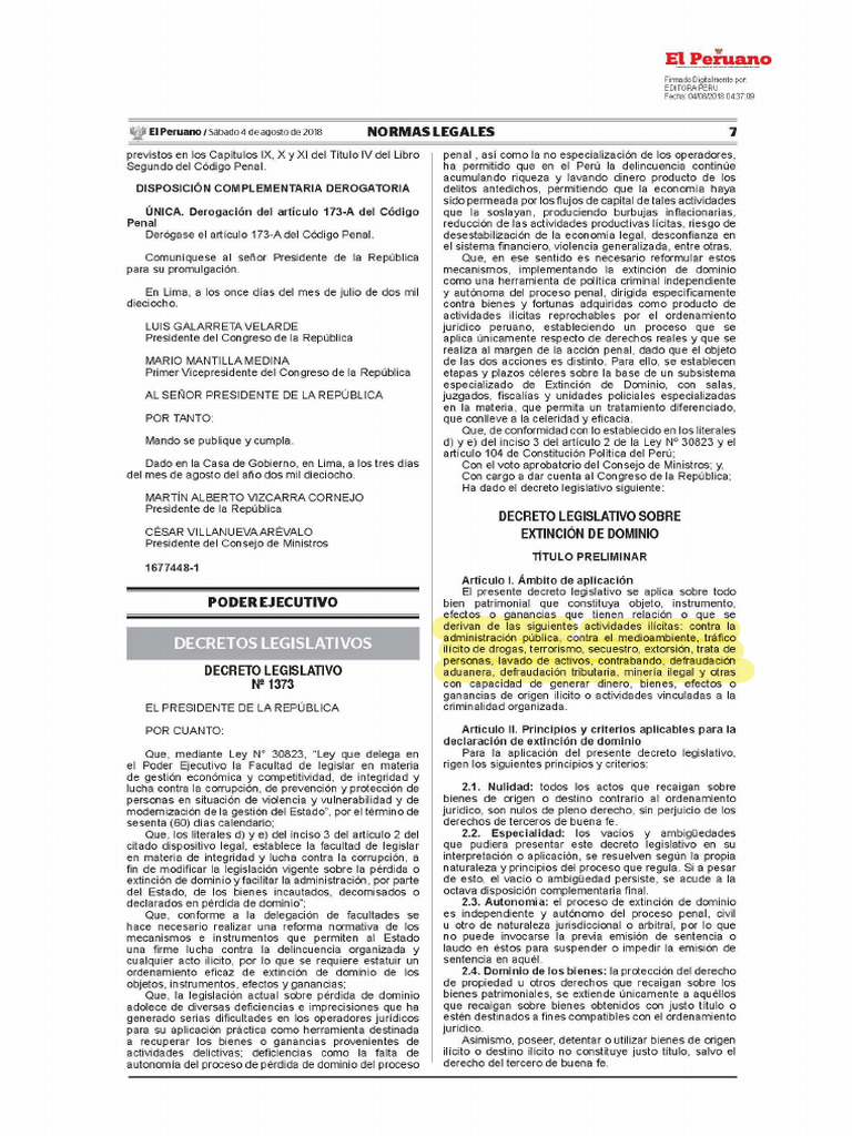 Ley de Ectincion de Dominio 1373 | PDF