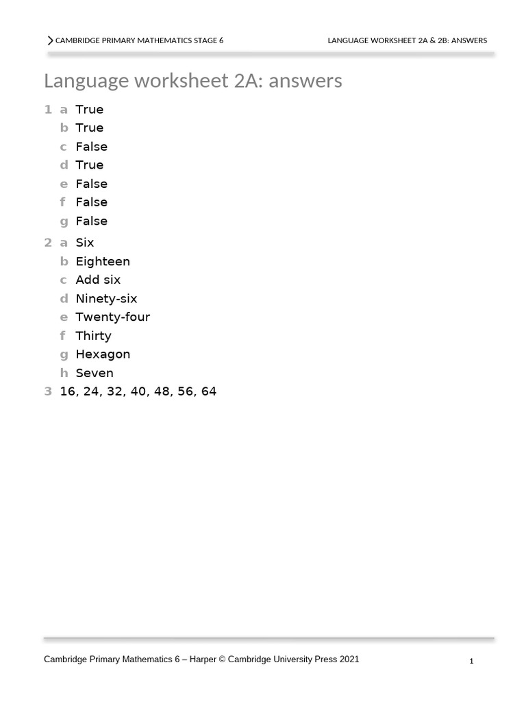 Prim Maths 6 2ed TR Lang Ws Answers 2 | PDF