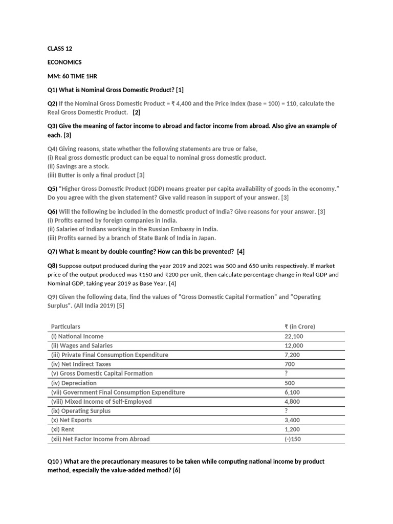 Class 12 National Income Questions | PDF | Gross Domestic Product ...